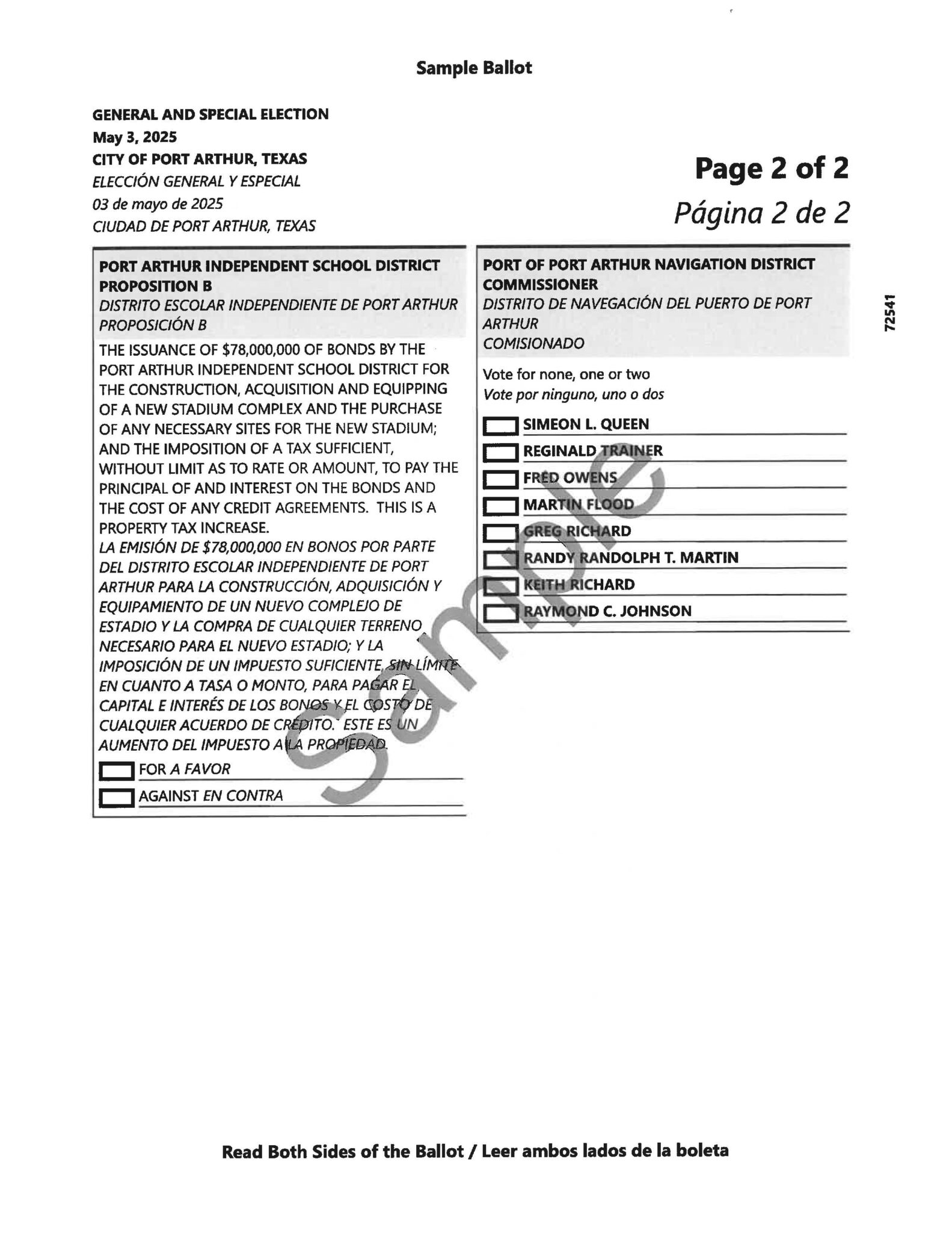 Sample Ballots – Port Arthur ISD Bond